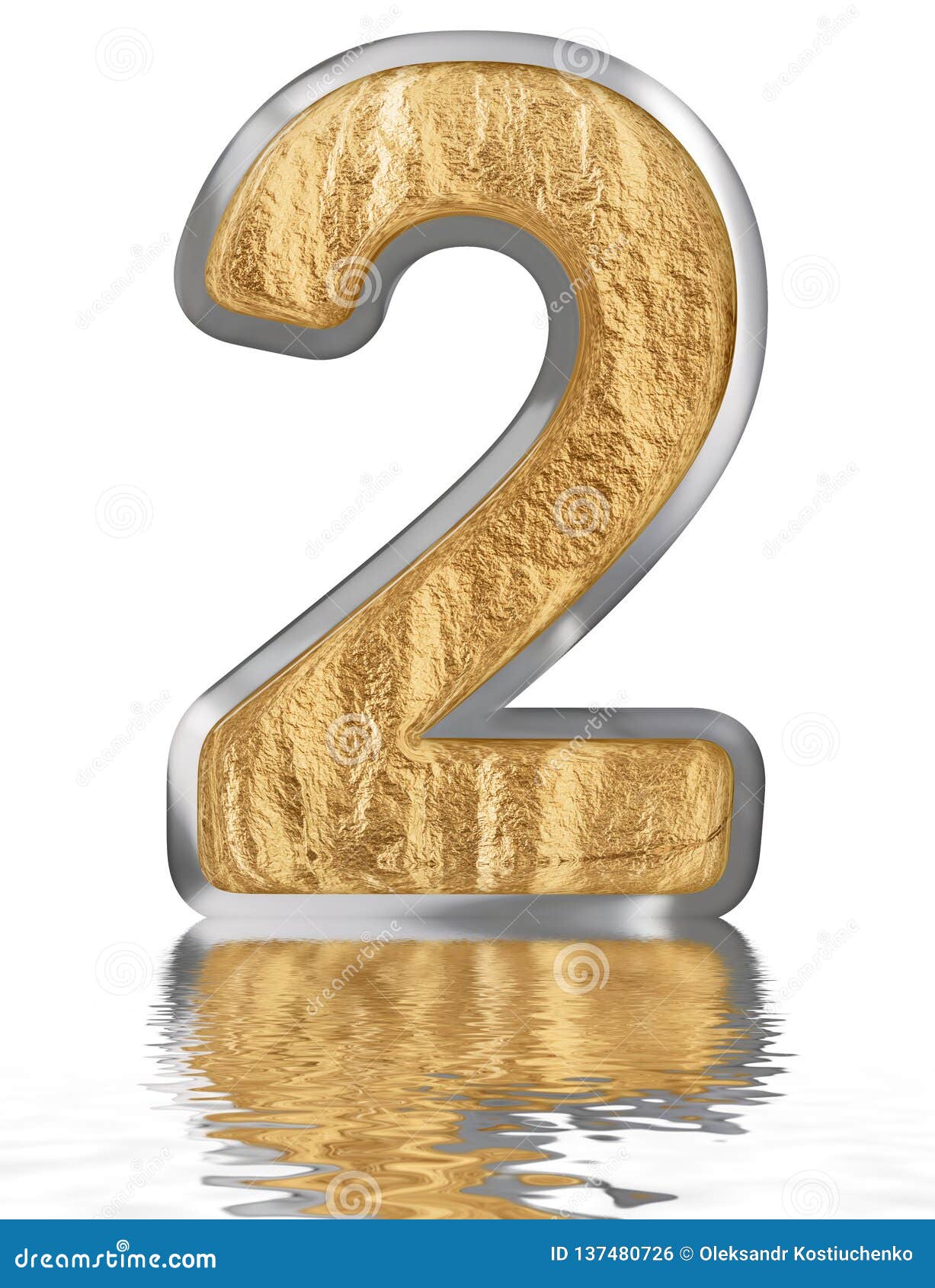 Numeral 2, Two, Reflected on the Water Surface, Isolated on White, 3d ...