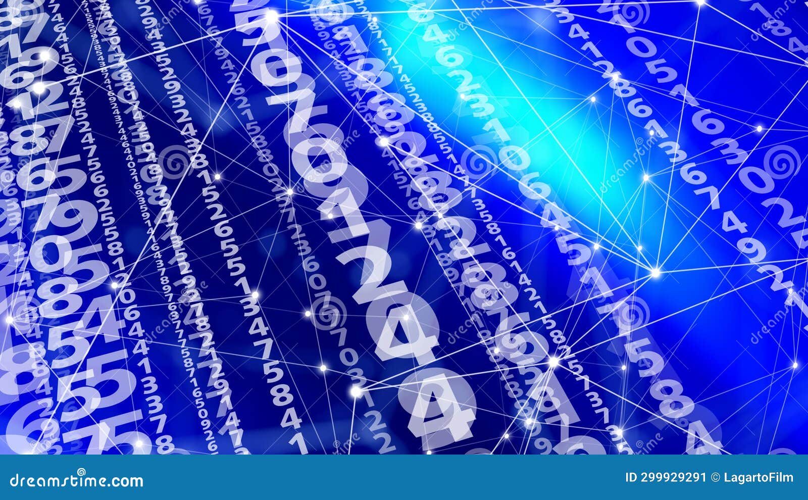 Numerical Data Analysis With Connected Lines Of Dynamic Numbers And Abstract Digits On Blue