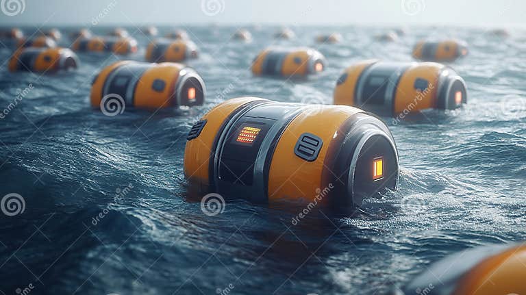 Numerous Orange and Gray Cylindrical Robots Float on a Wavy Ocean ...