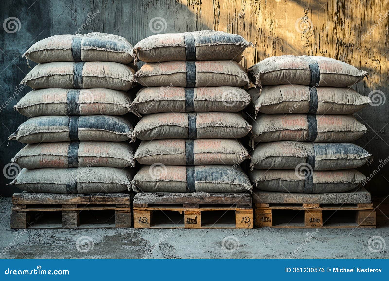 Numerous Sacks of Cement Sit on Wooden Pallets, Awaiting Use in a ...