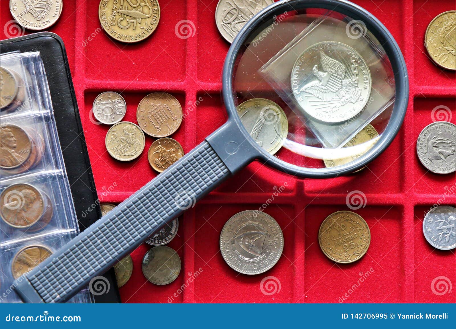Numismatic, World Coins Collection on a Red Tray. Stock Image - Image ...