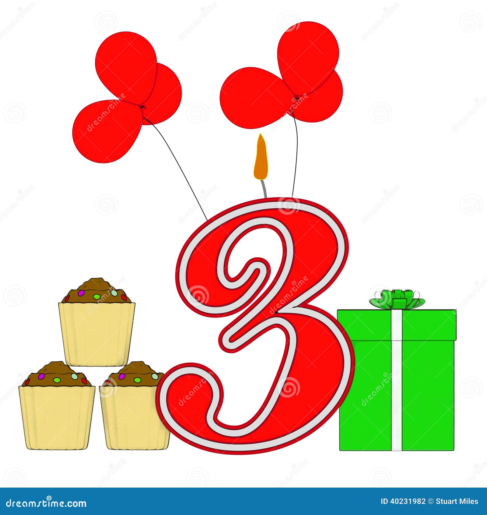 Nummer Drie Kaars Toont Verjaardagsgeschenk Stock Illustratie ...