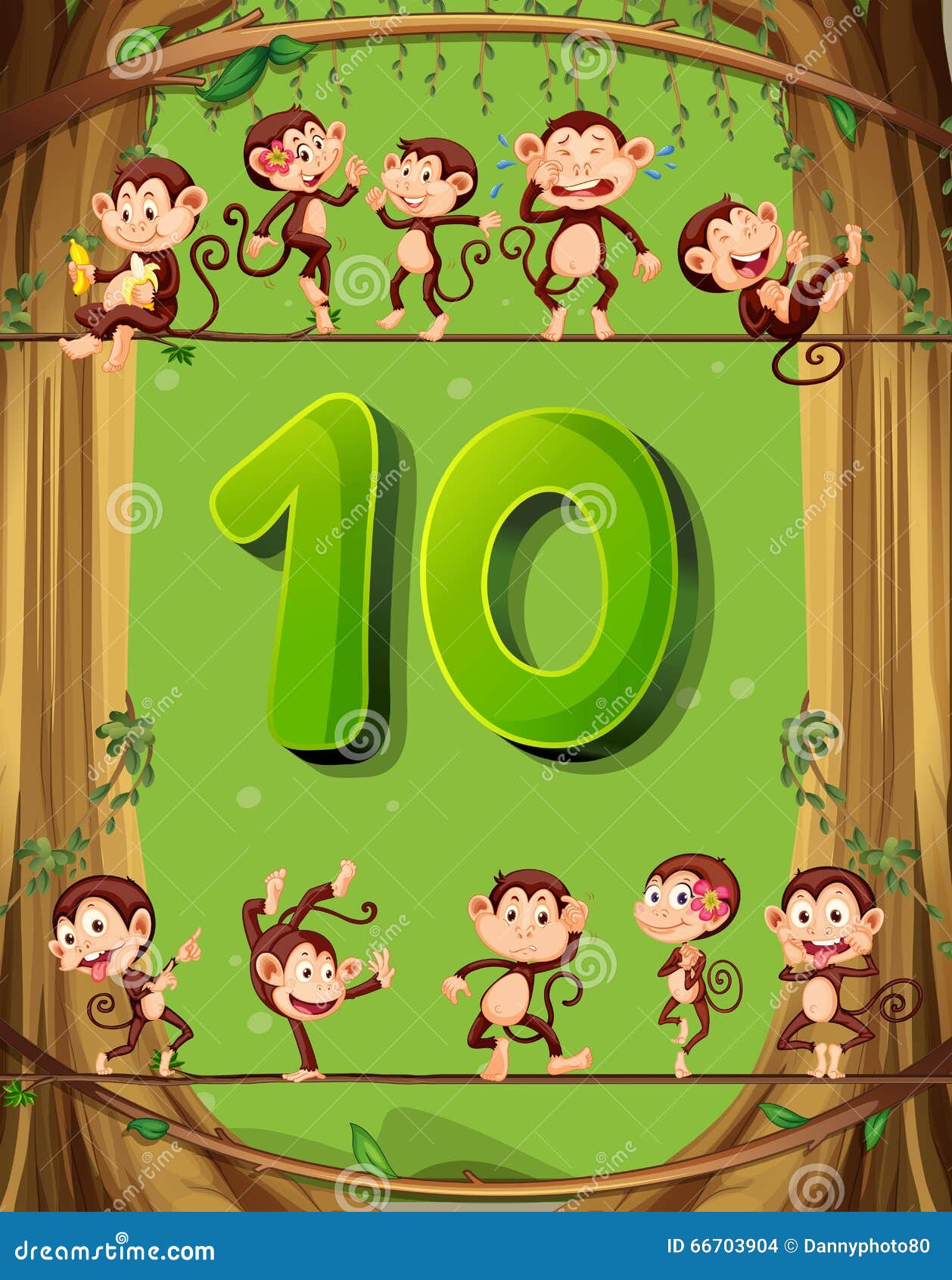 Nummer Tien Met 10 Apen Op De Boom Vector Illustratie - Illustration of ...