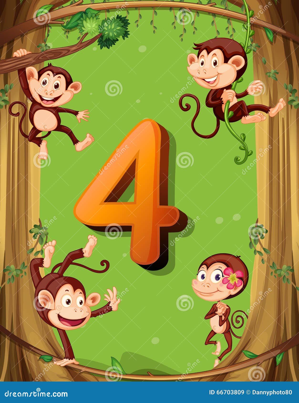 Nummer Vier Met 4 Apen Op De Boom Vector Illustratie - Illustration of ...