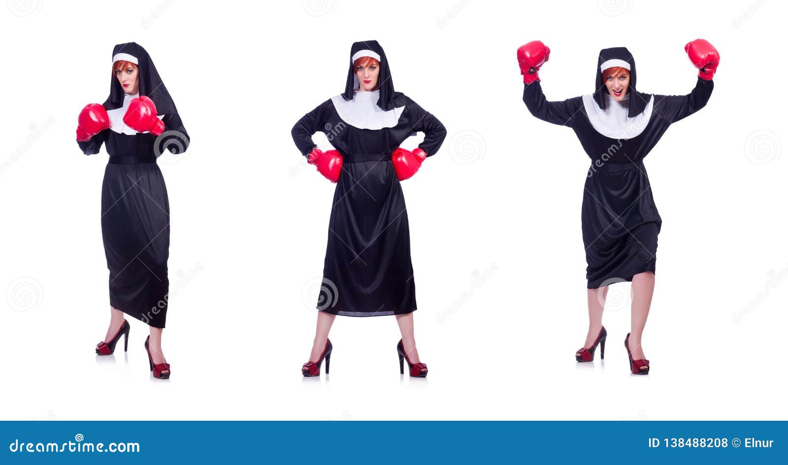 The Nun with Boxing Gloves Isolated on White Stock Photo - Image of ...