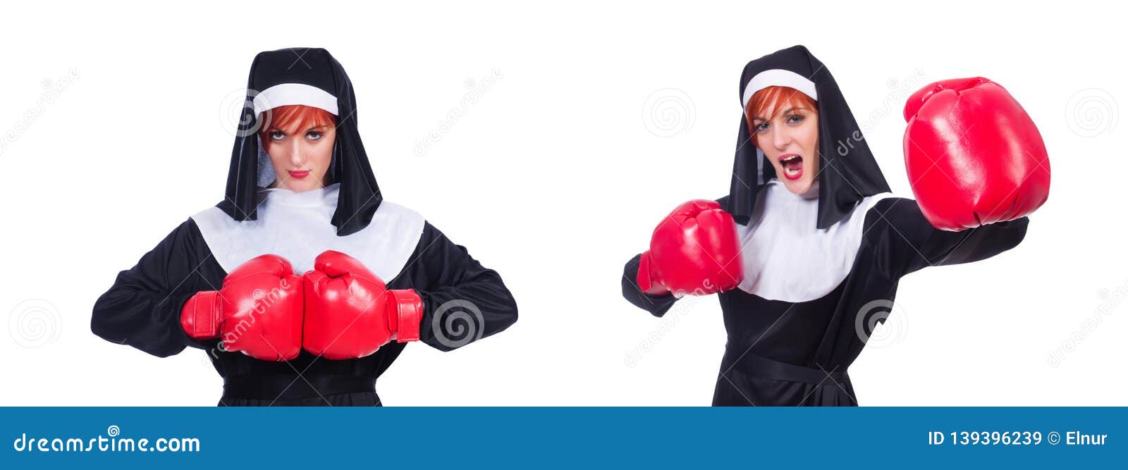 The Nun with Boxing Gloves Isolated on White Stock Image - Image of ...