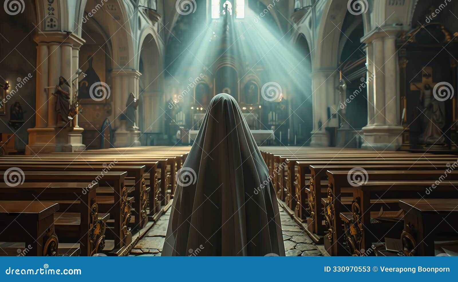 Nun in Deep Prayer, Tranquil Church Interior, Clear Back Stock ...