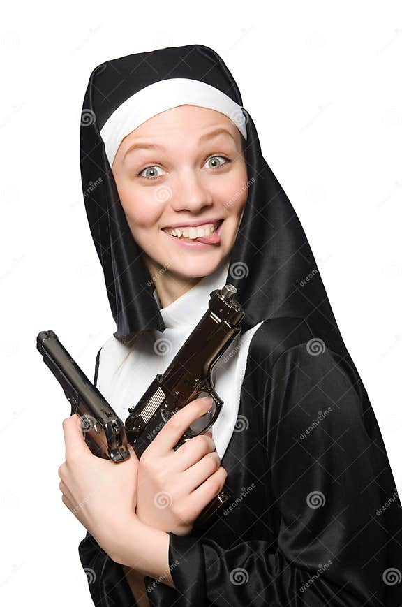 Nun with Gun Isolated on White Stock Photo - Image of christian, hand ...