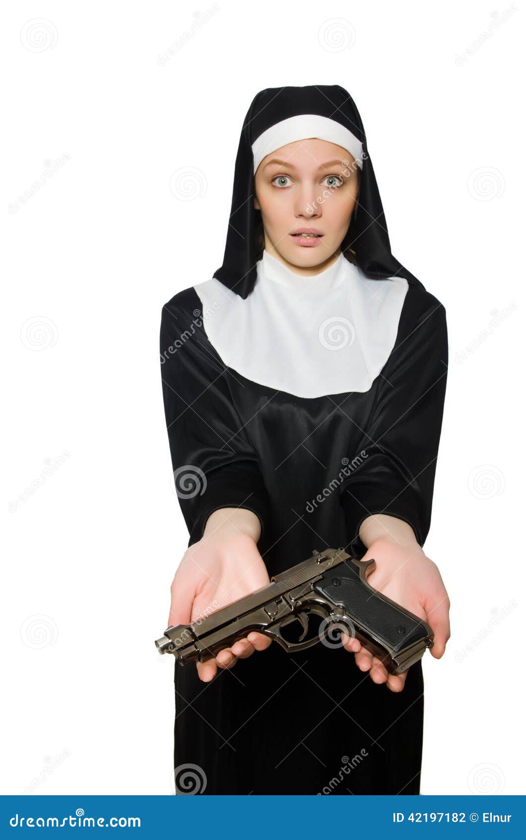 Nun with handgun isolated stock photo. Image of female - 42197182