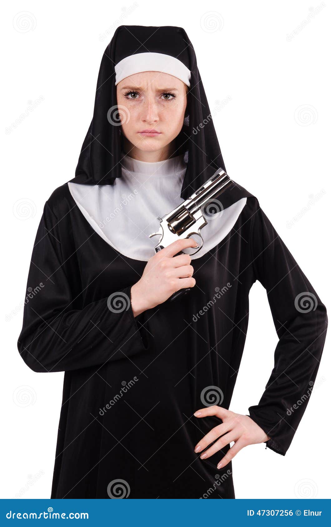 Nun with handgun isolated stock photo. Image of beauty - 47307256