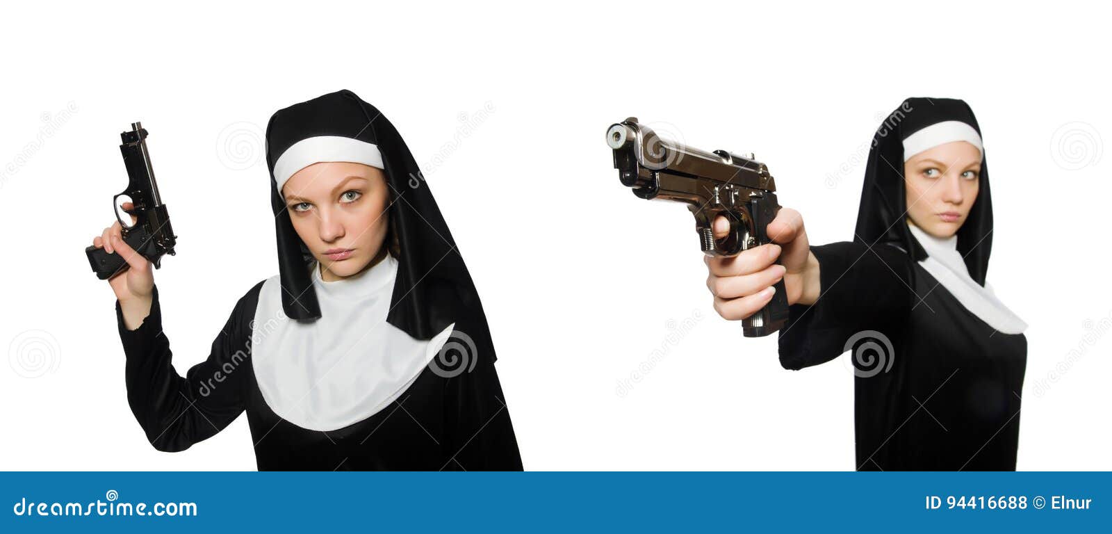 The Nun with Handgun Isolated on White Stock Photo - Image of ...