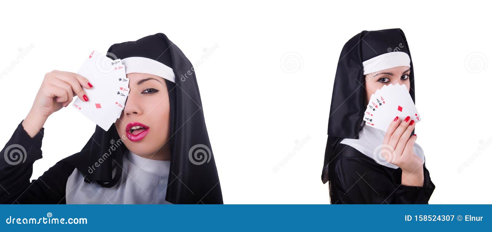 Nun playing cards on white stock image. Image of collage - 158524307