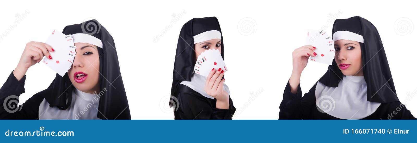 Nun playing cards on white stock photo. Image of christianity - 166071740