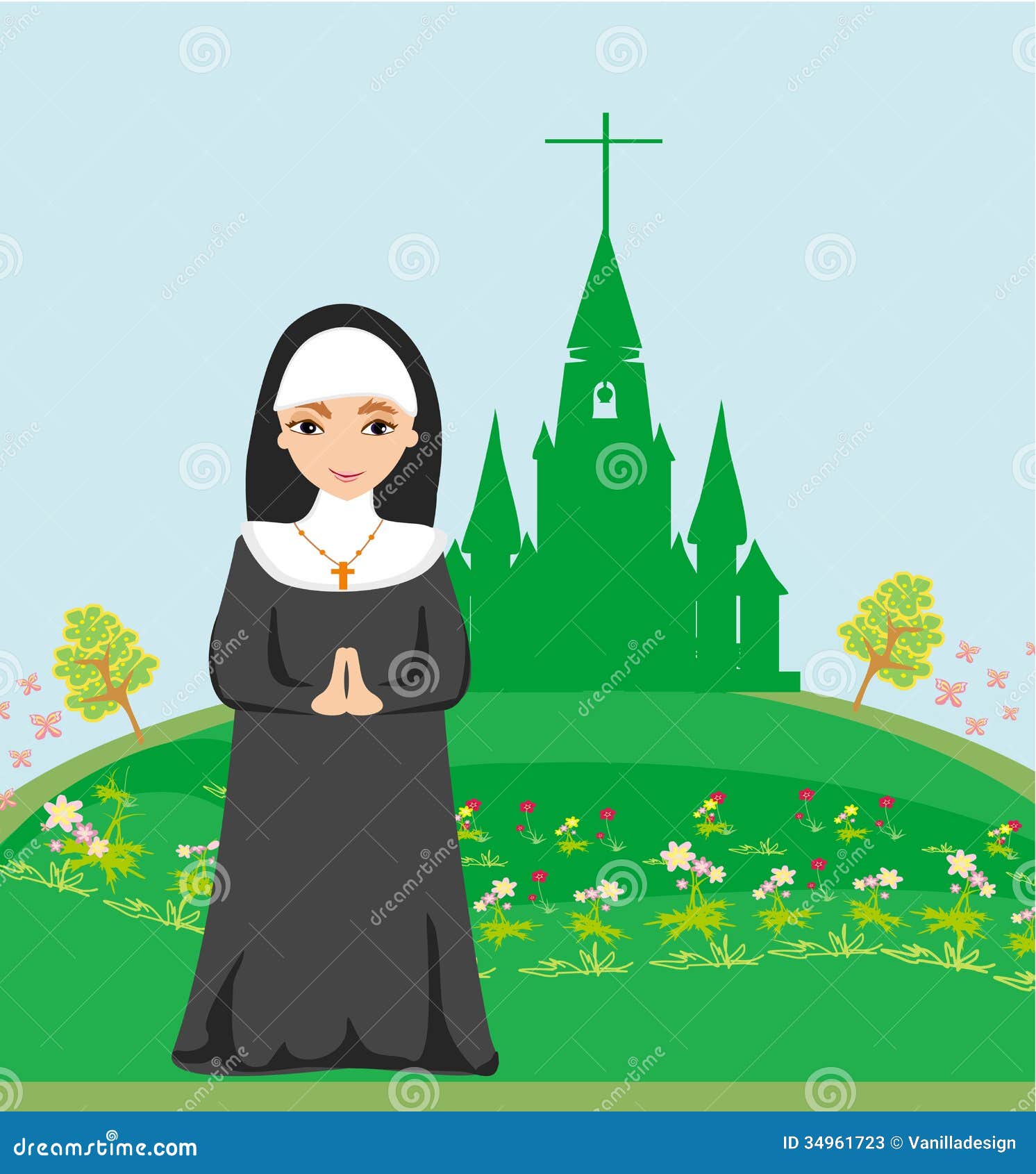 Nun Praying in Front of the Church Stock Illustration - Illustration of ...