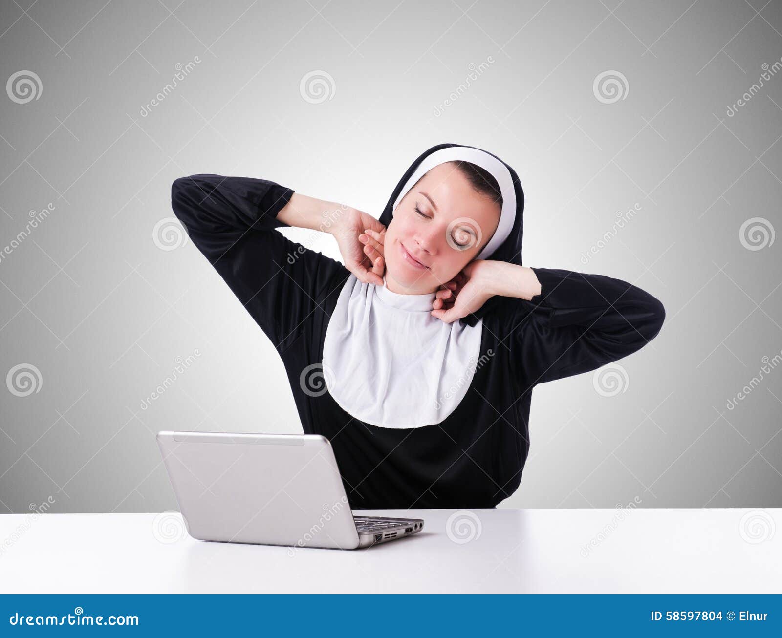Nun Working on Laptop - Religious Concept Stock Photo - Image of hood ...