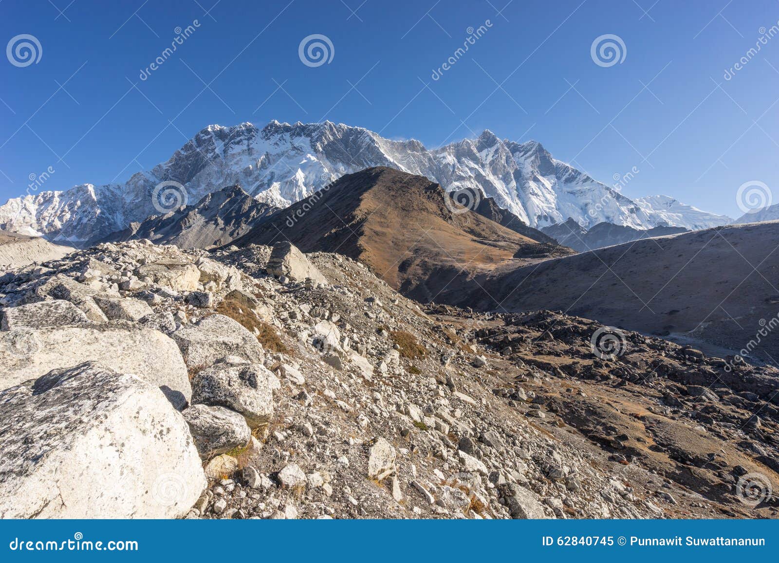 Nuptse Wall and Lhotse Mountain Stock Image - Image of morning, cliff ...