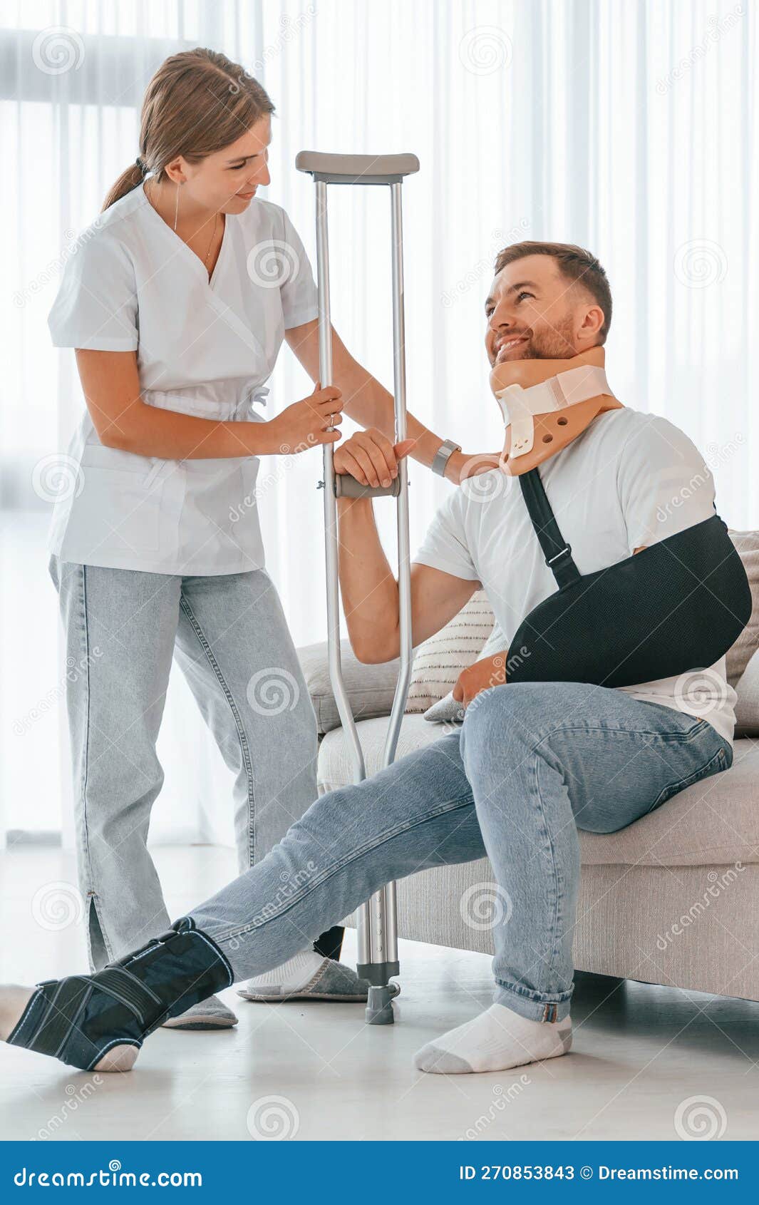 Nurse is Helping Injured Man at Home Stock Image - Image of fracture ...