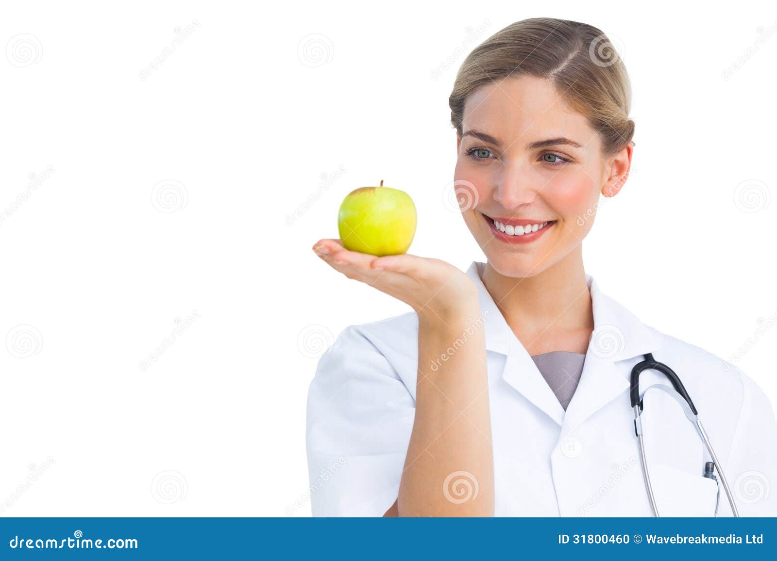 Nurse Looking at the Apple Placed on Her Hand Stock Photo - Image of ...