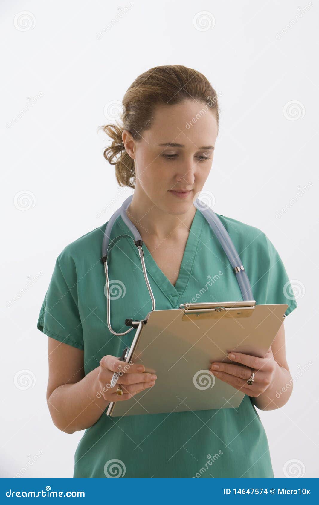 Nurse Looking at Clipboard - Isolated Stock Photo - Image of hair ...