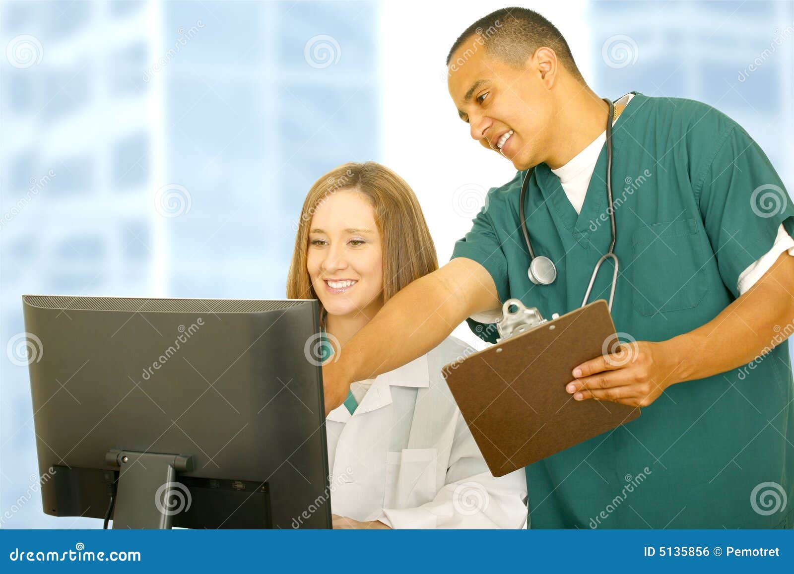 Nurse Pointing Computer Screen To Doctor Stock Photo - Image of male ...