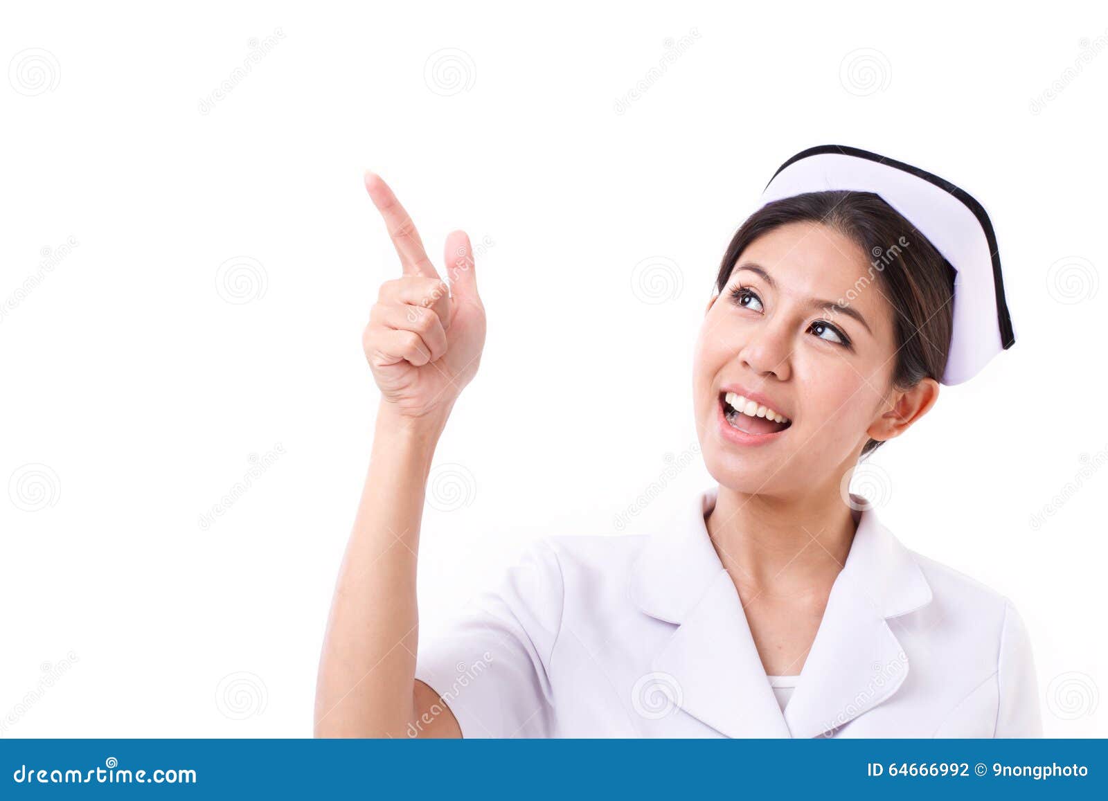Nurse Pointing Up, Raising One Finger Stock Photo - Image of looking ...