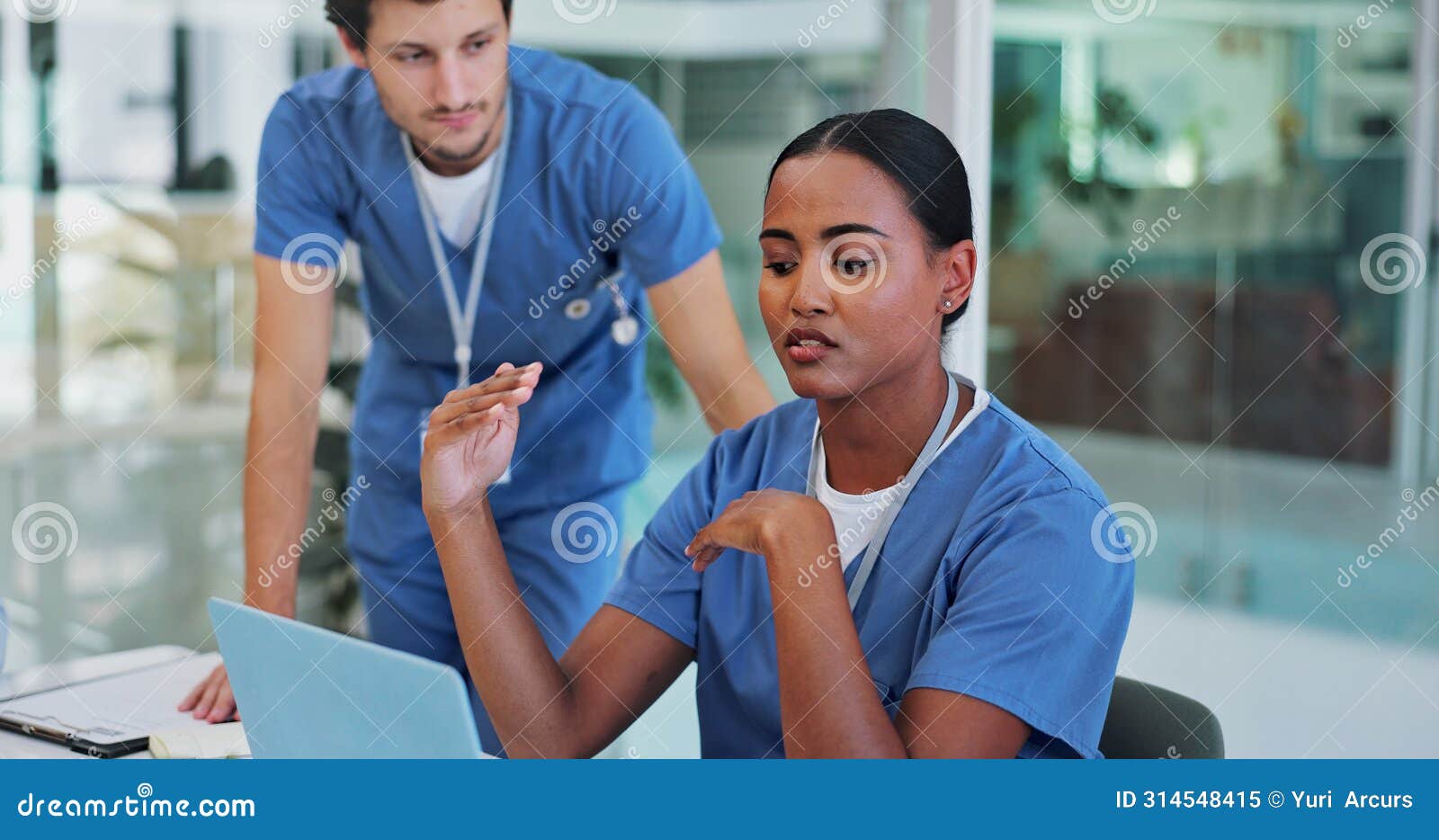 Nurse, Talking and Teamwork with Laptop for Medical Solution ...