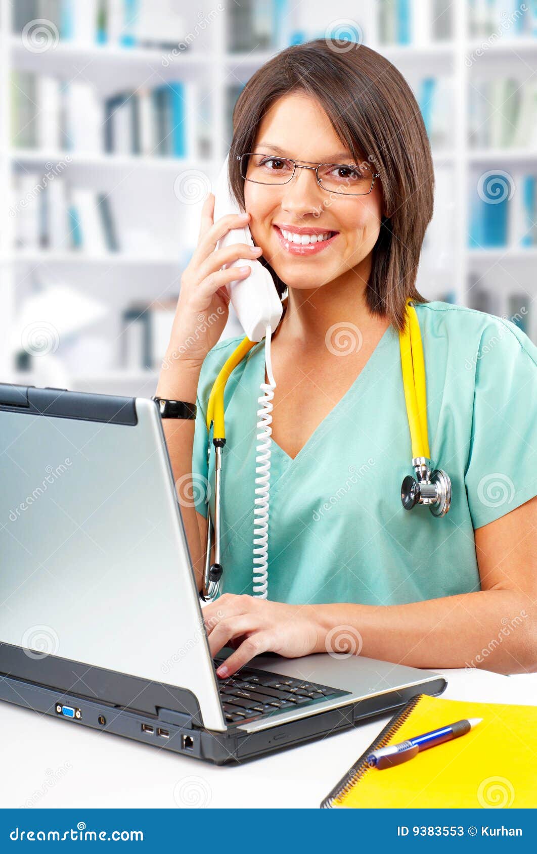 Nurse with Telephone and Laptop Stock Image - Image of clinical ...