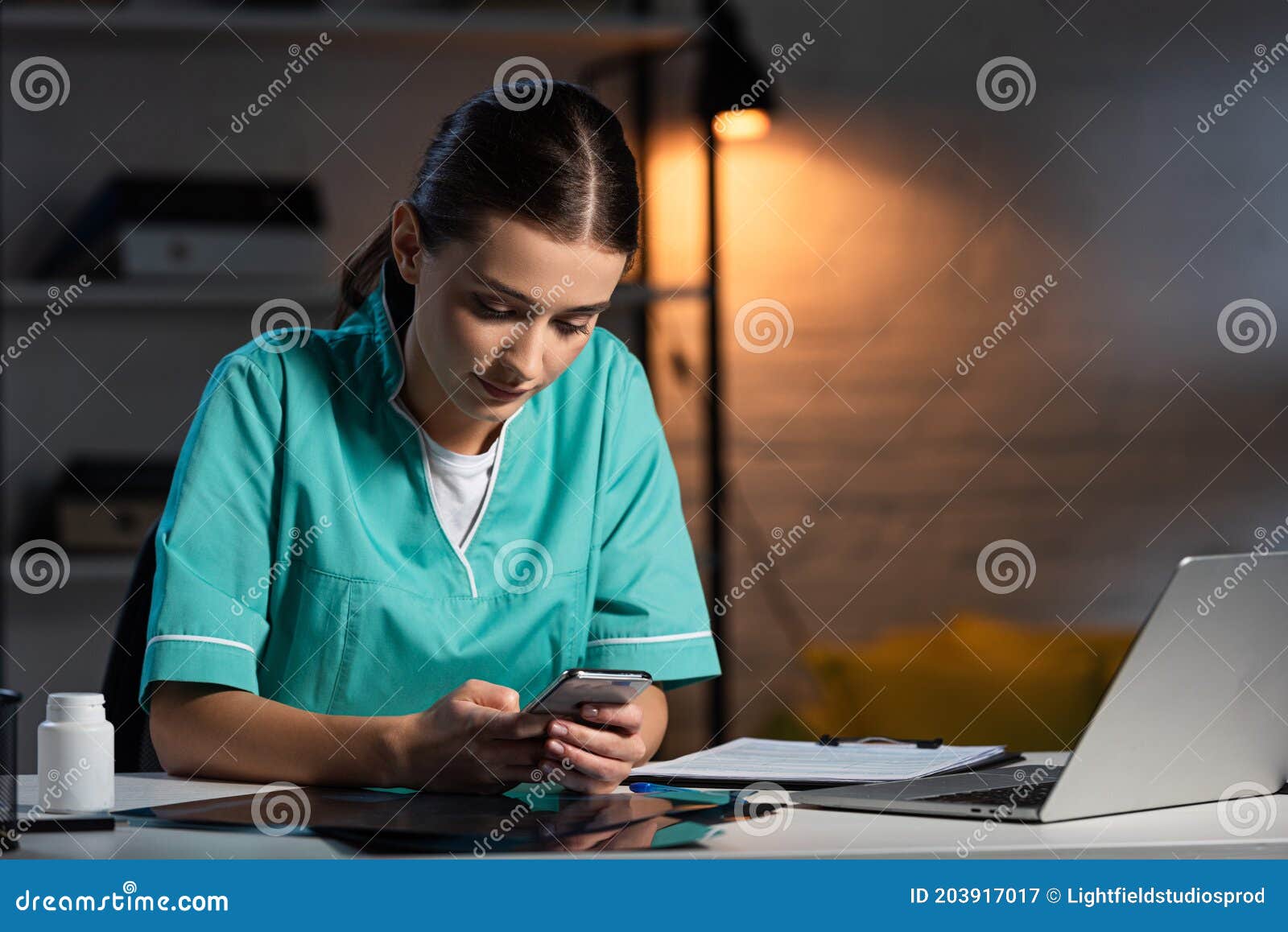 Nurse in Uniform Sitting at Table Stock Image - Image of attractive ...