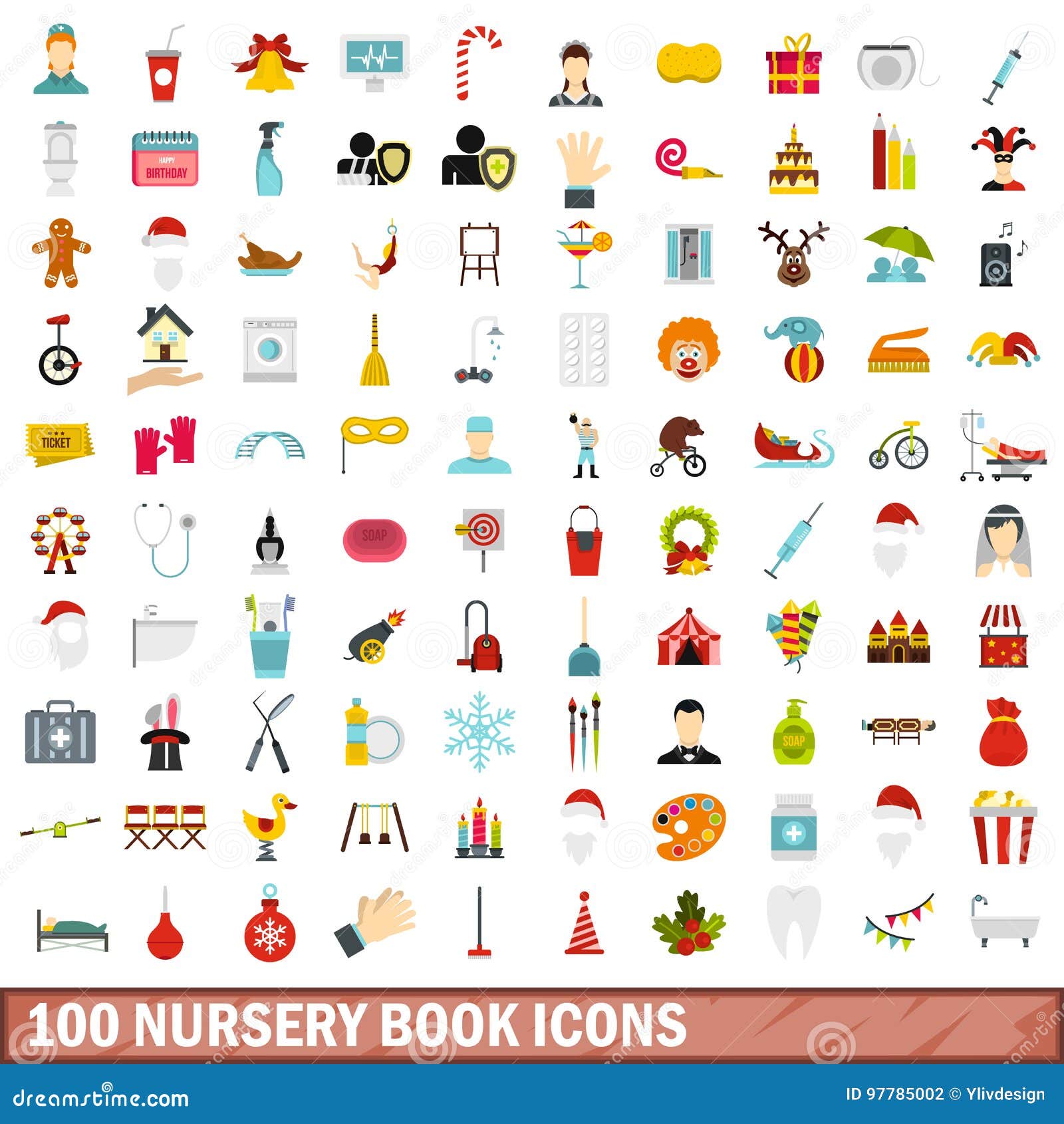 100 Nursery Book Icons Set, Flat Style Stock Vector - Illustration of ...