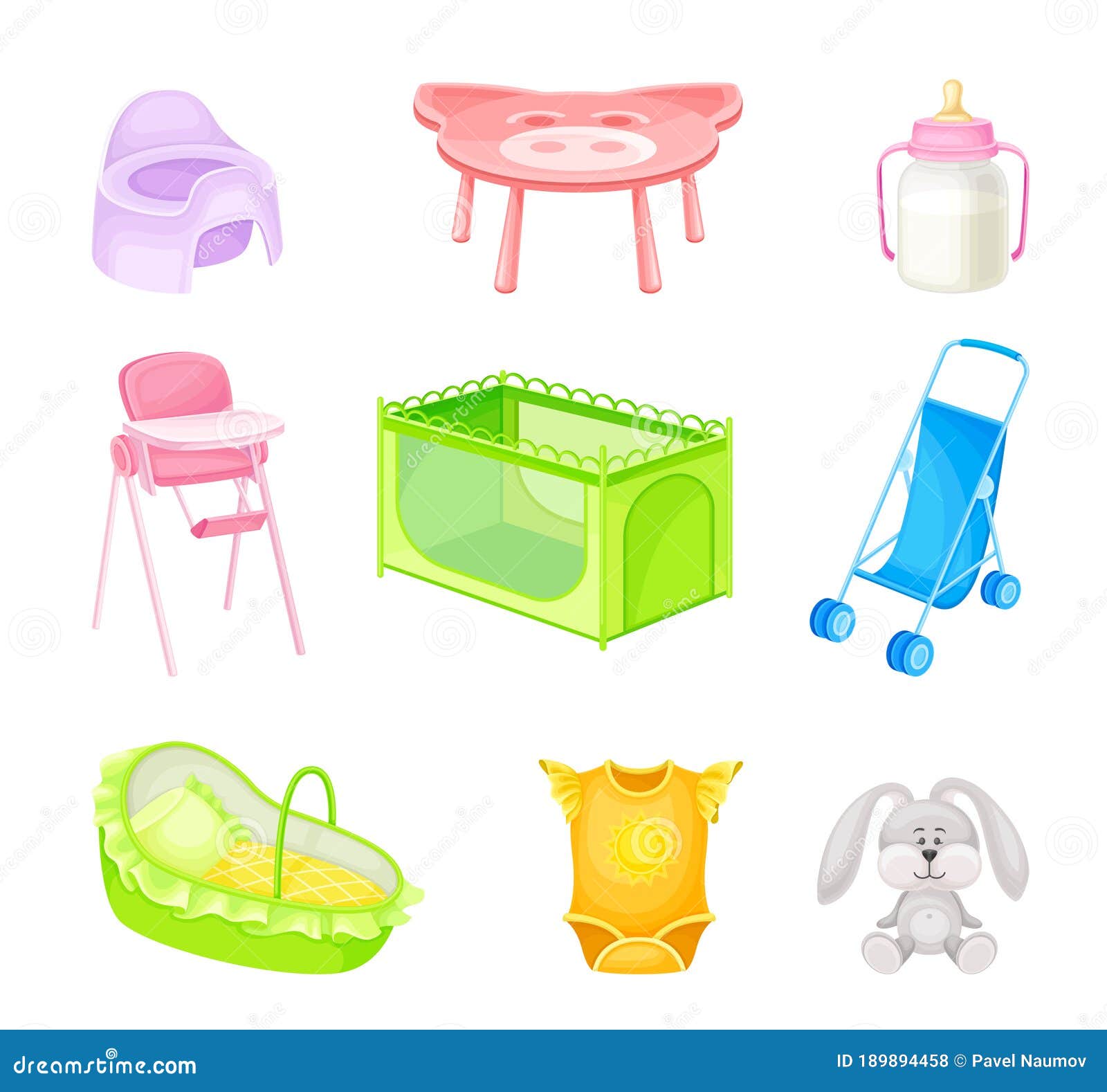 Nursery Objects with Fluffy Toy Hare and Baby Chair Vector Set Stock ...