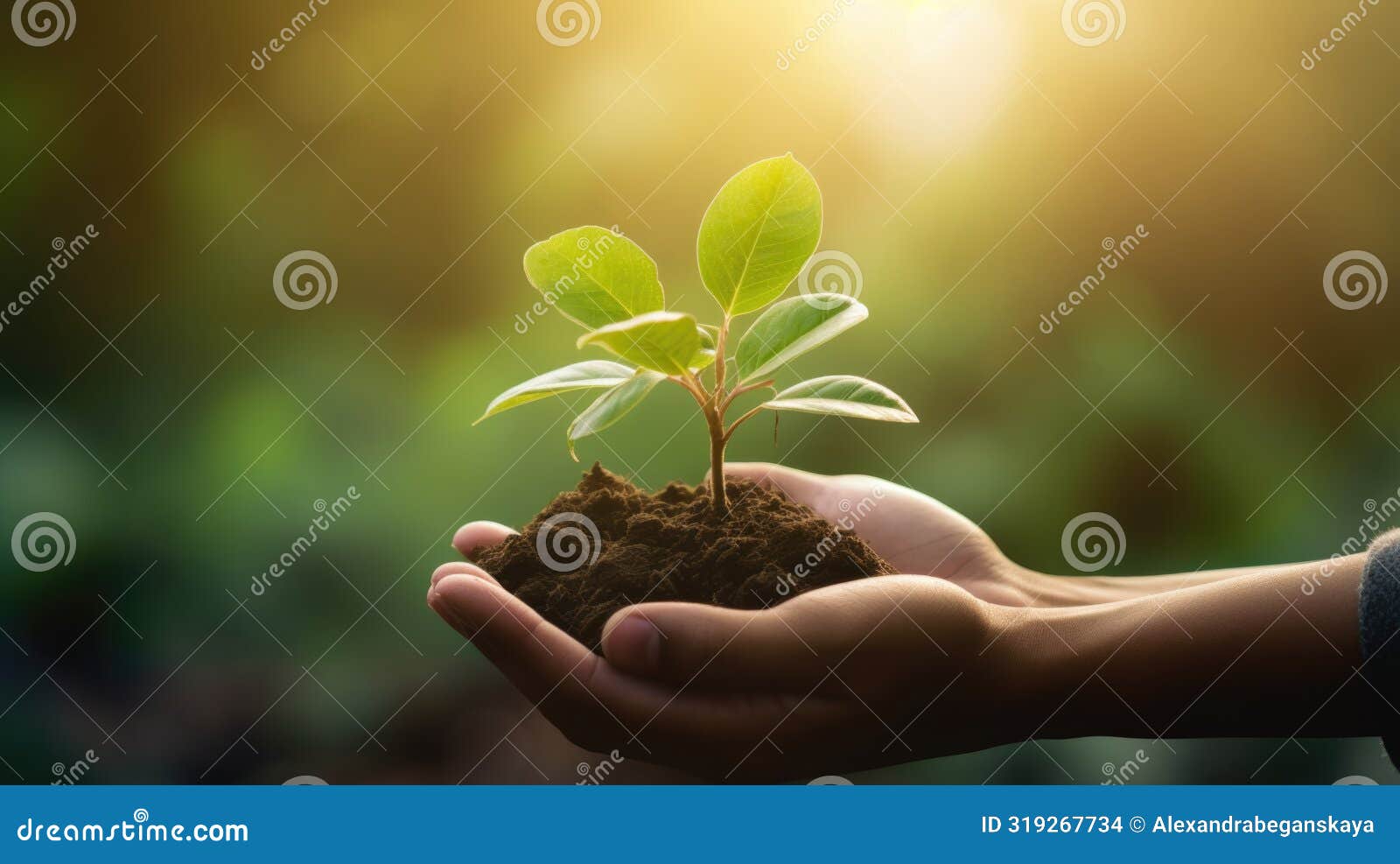 Nurturing Growth: Hands Holding a Young Plant Against Sunlight Stock ...