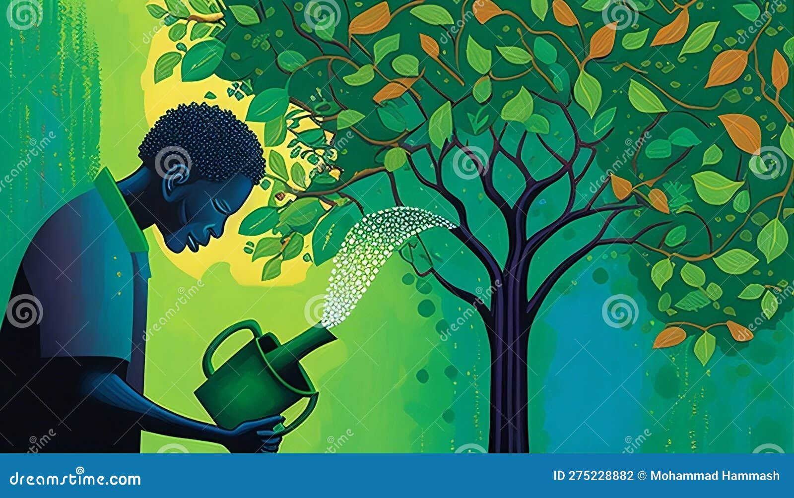 Nurturing Growth: a Man Watering a Young Tree on a Vibrant Green ... Nurturing Growth: a Man Watering a Young Tree on a Vibrant Green ...