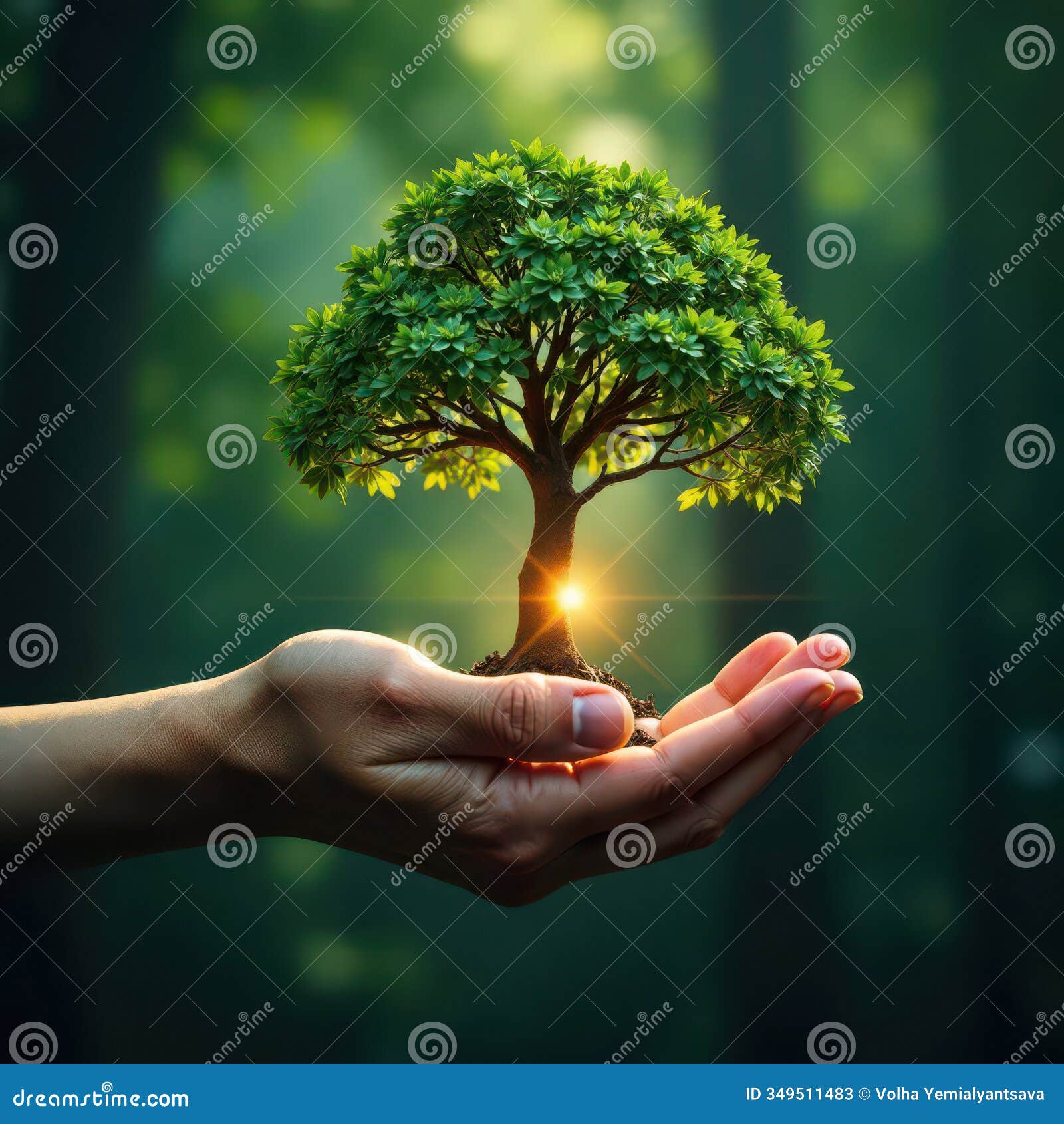 Nurturing Nature: Hand Holding a Tree with Sunlight in Forest Stock ...