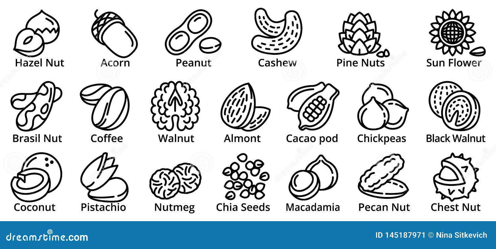 Nut Icons Set, Outline Style Stock Vector - Illustration of cocoa ...