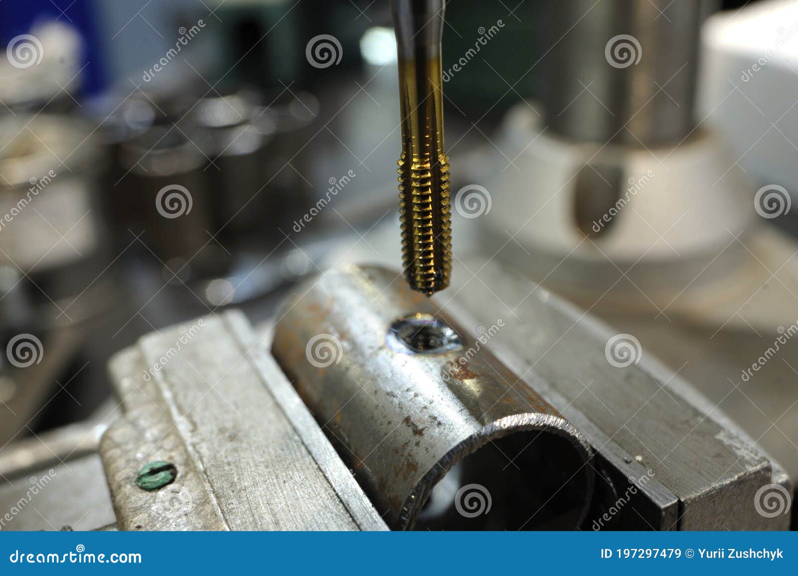 Nut Tap Making Thread on the Tube Section, Tapping Machine Stock Image ...