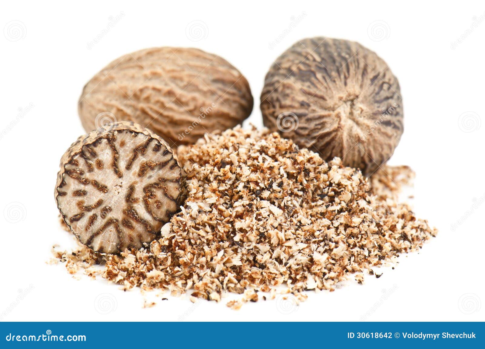 Two Nutmeg And Powder Isolated On White Background Royalty-Free Stock ...