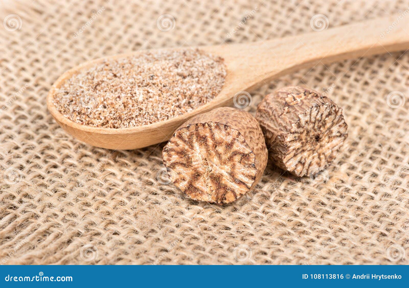 Nutmeg in spoon stock photo. Image of sack, mace, slice - 108113816