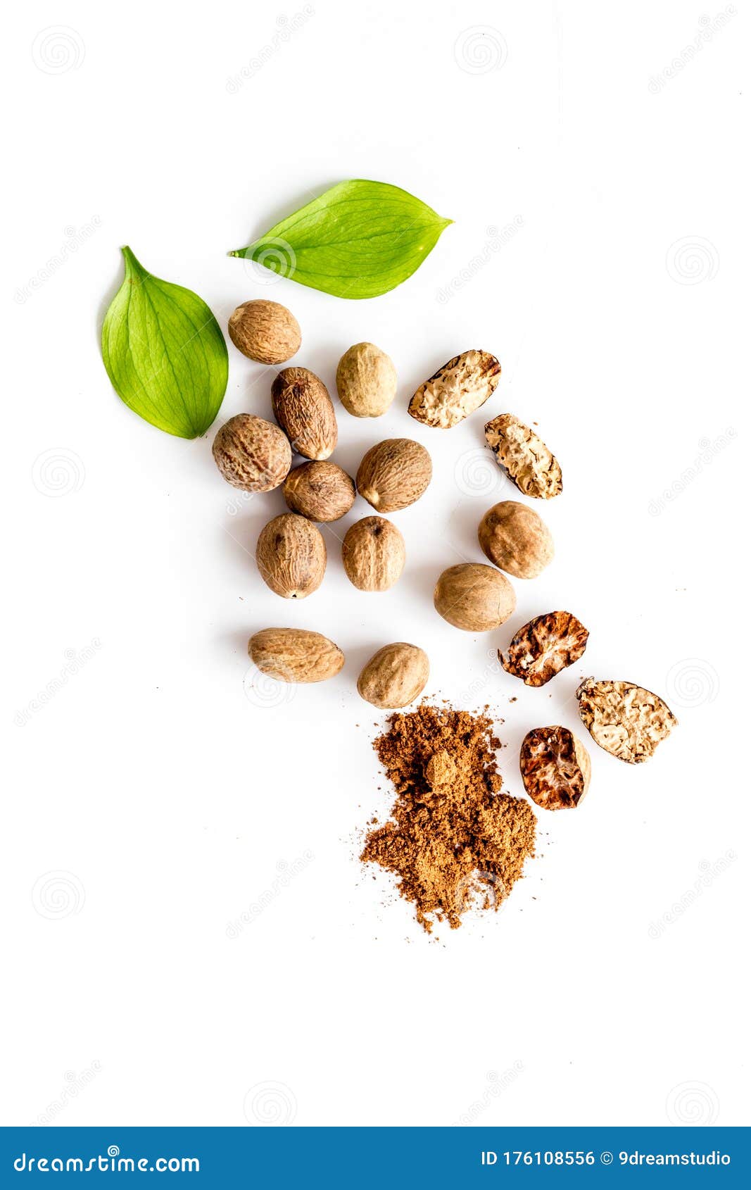 Nutmeg - Whole Nuts and Powder - on White Background Top-down Stock ...