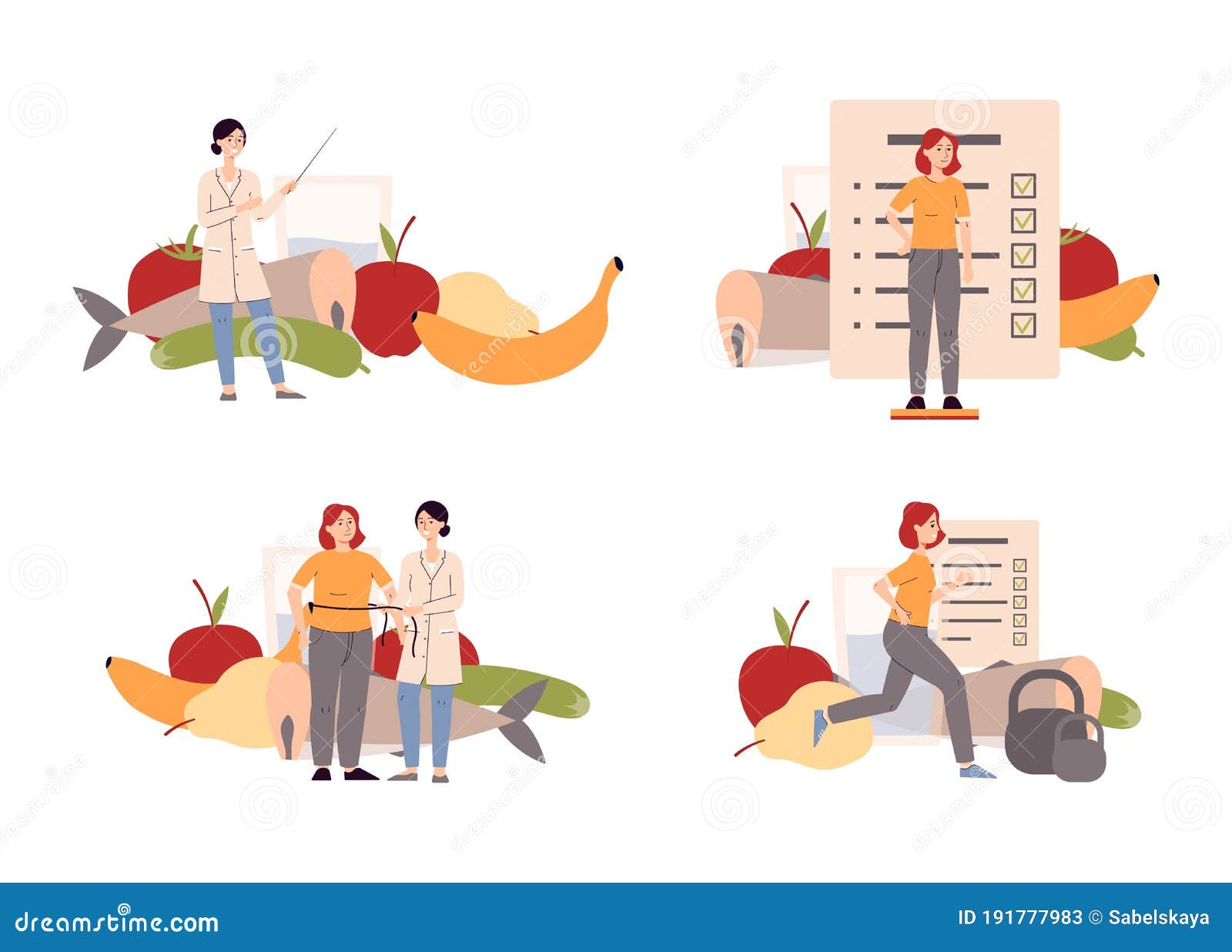 Nutritionist And Dietitian Set Cartoon Woman Creating Food Plan For