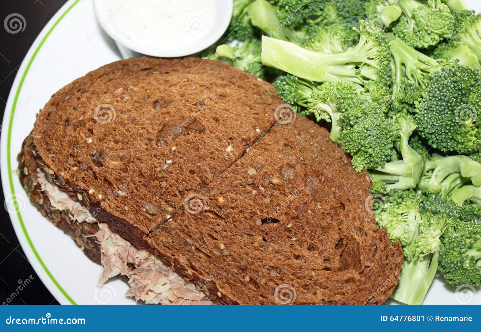 Nutritious Tuna on Rye with a Side of Fresh Broccoli and a Dipping ...