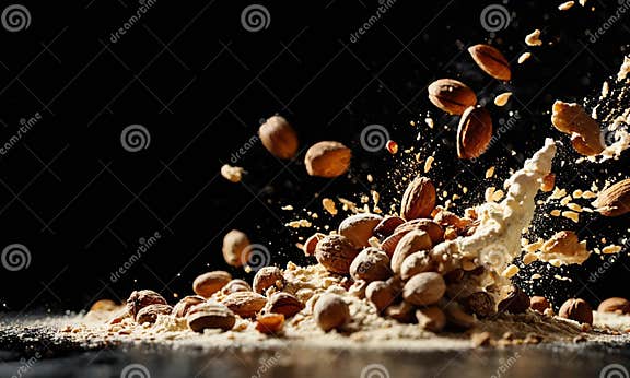 Nuts Falling into Abstract Flour Splash Design Stock Illustration ...