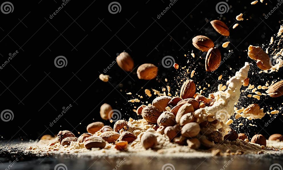 Nuts Falling into Abstract Flour Splash Design Stock Illustration ...
