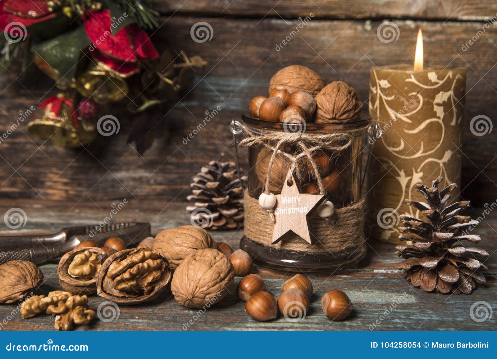 Christmas Nuts with Rustic Setting Stock Photo - Image of candle ...