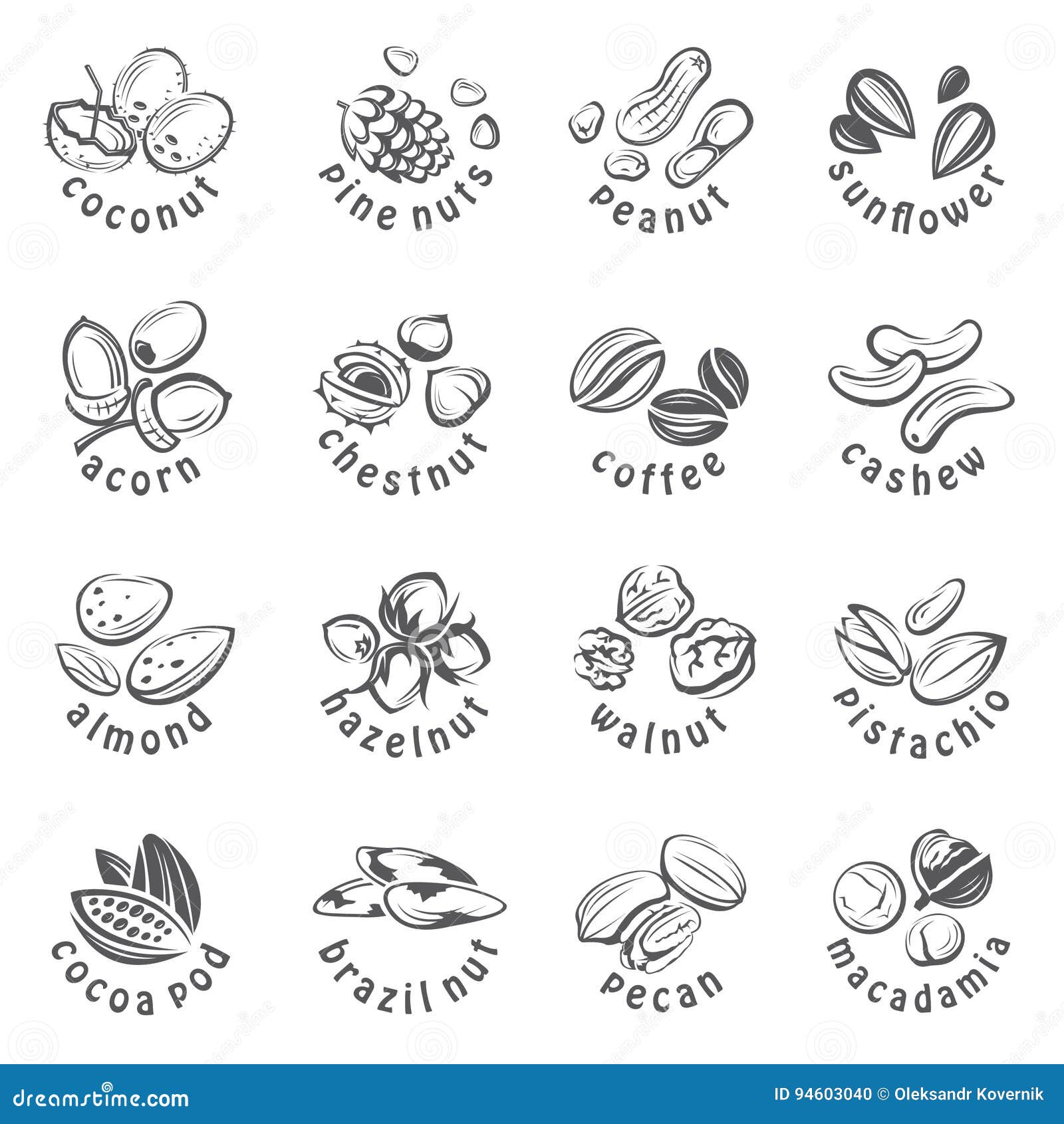 Nuts icons set stock vector. Illustration of cashew, icon - 94603040