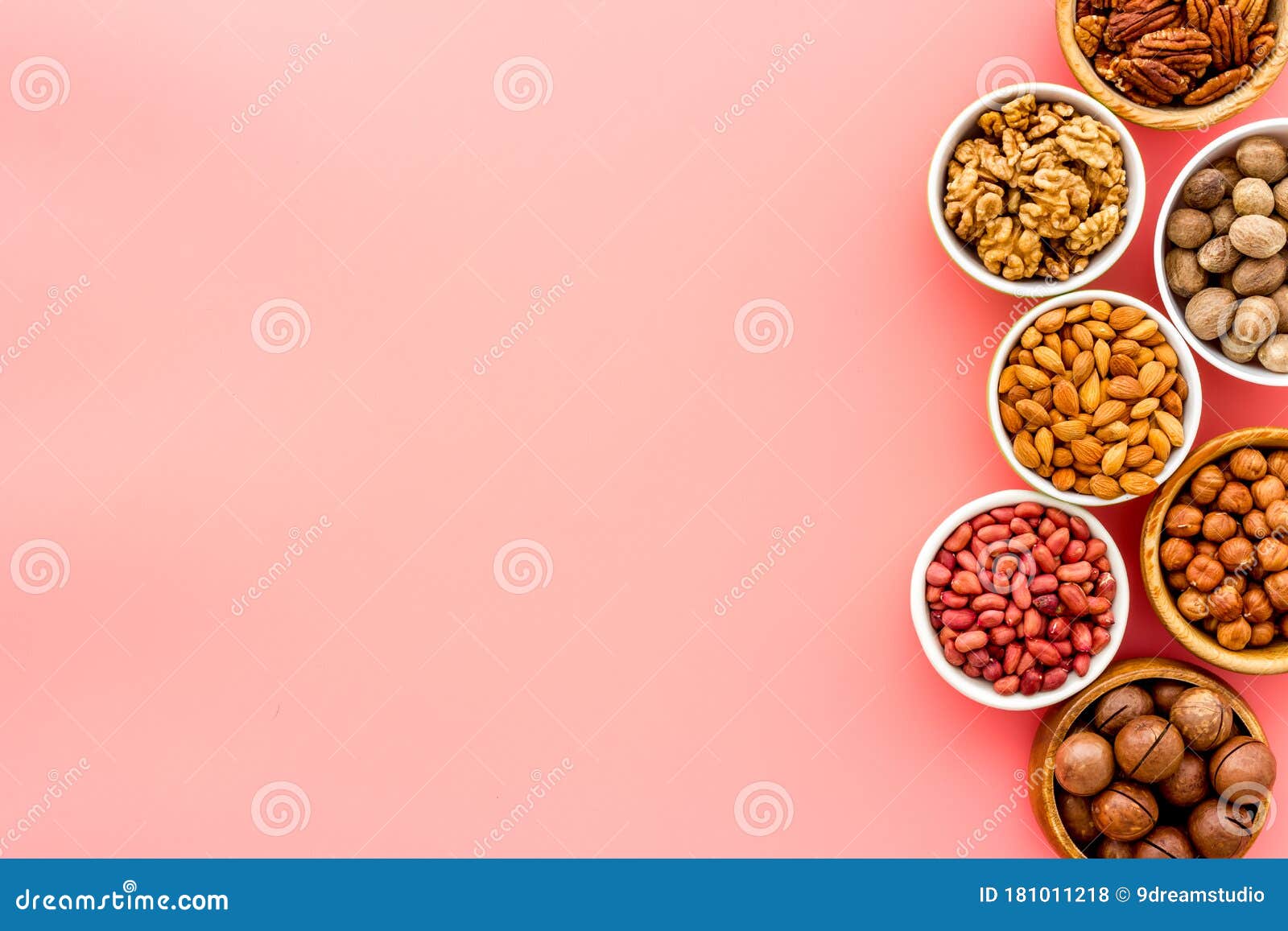 Nuts Set in Bowls on Pink Background Top-down Frame Copy Space Mockup ...