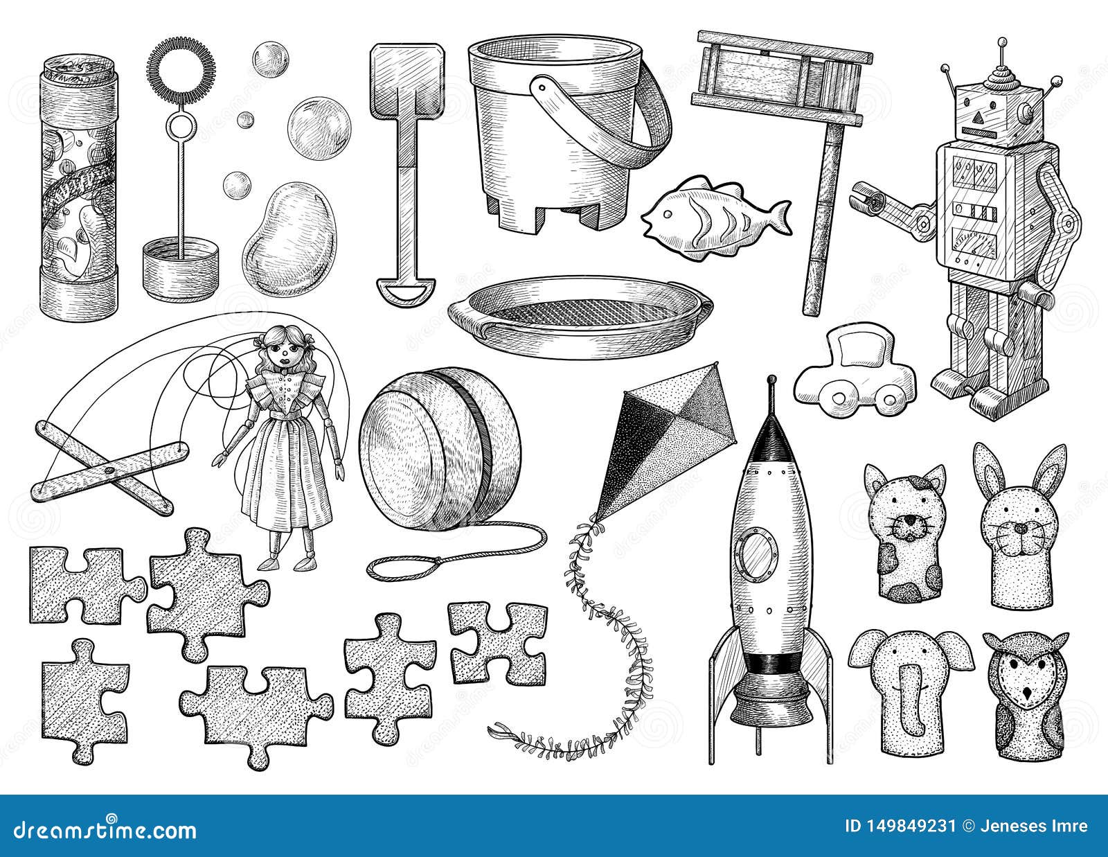 Toy Collection Illustration, Drawing, Engraving, Ink, Line Art, Vector ...
