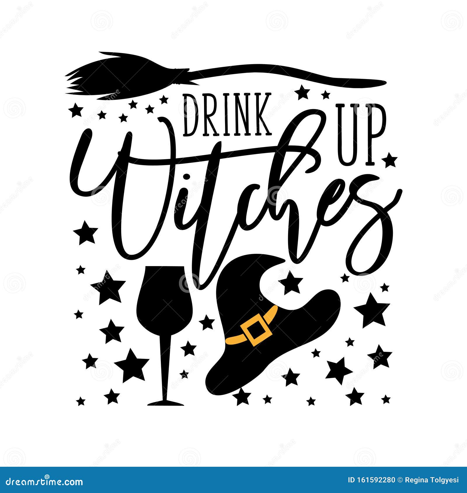 Drink Up Witches -funny Halloween Text, with Drinking Glass, Broom ...