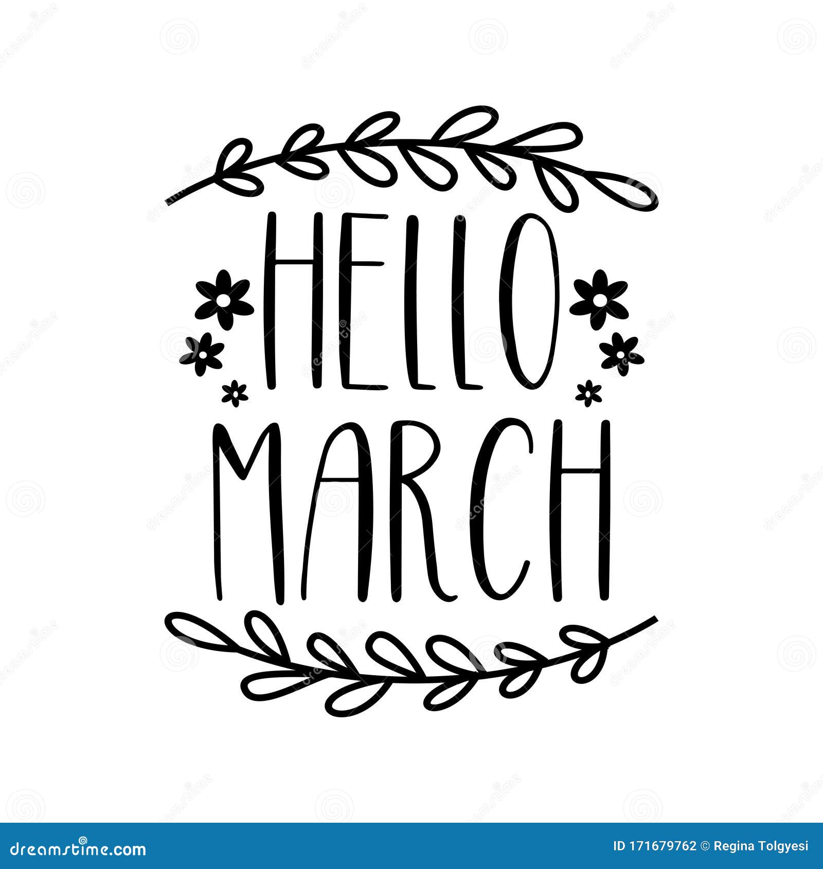 Hello March -text with Flowers and Leaves. Stock Vector - Illustration ...
