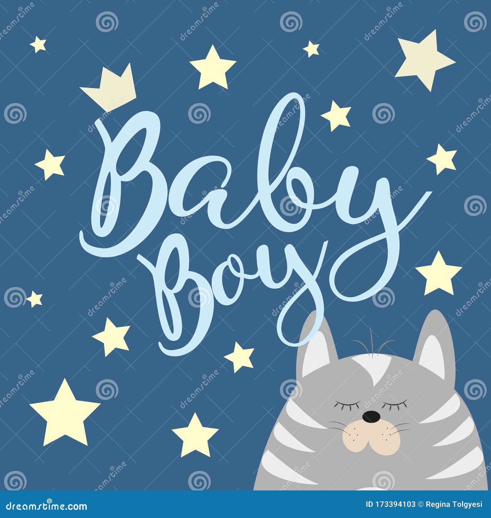 Baby Boy Calligraphy with Cute Cat, and Stars. Stock Vector ...