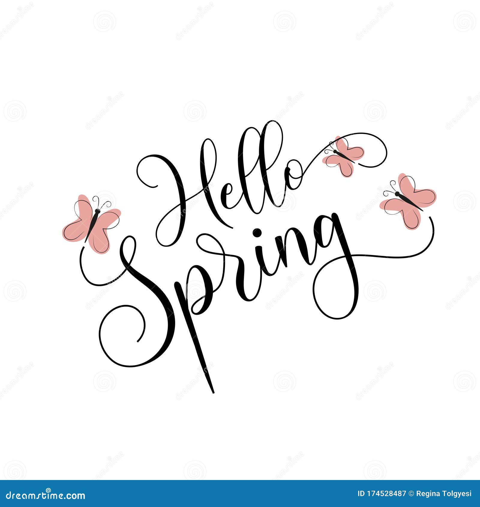 Hello Spring Calligraphy with Butterflies. Stock Vector - Illustration ...